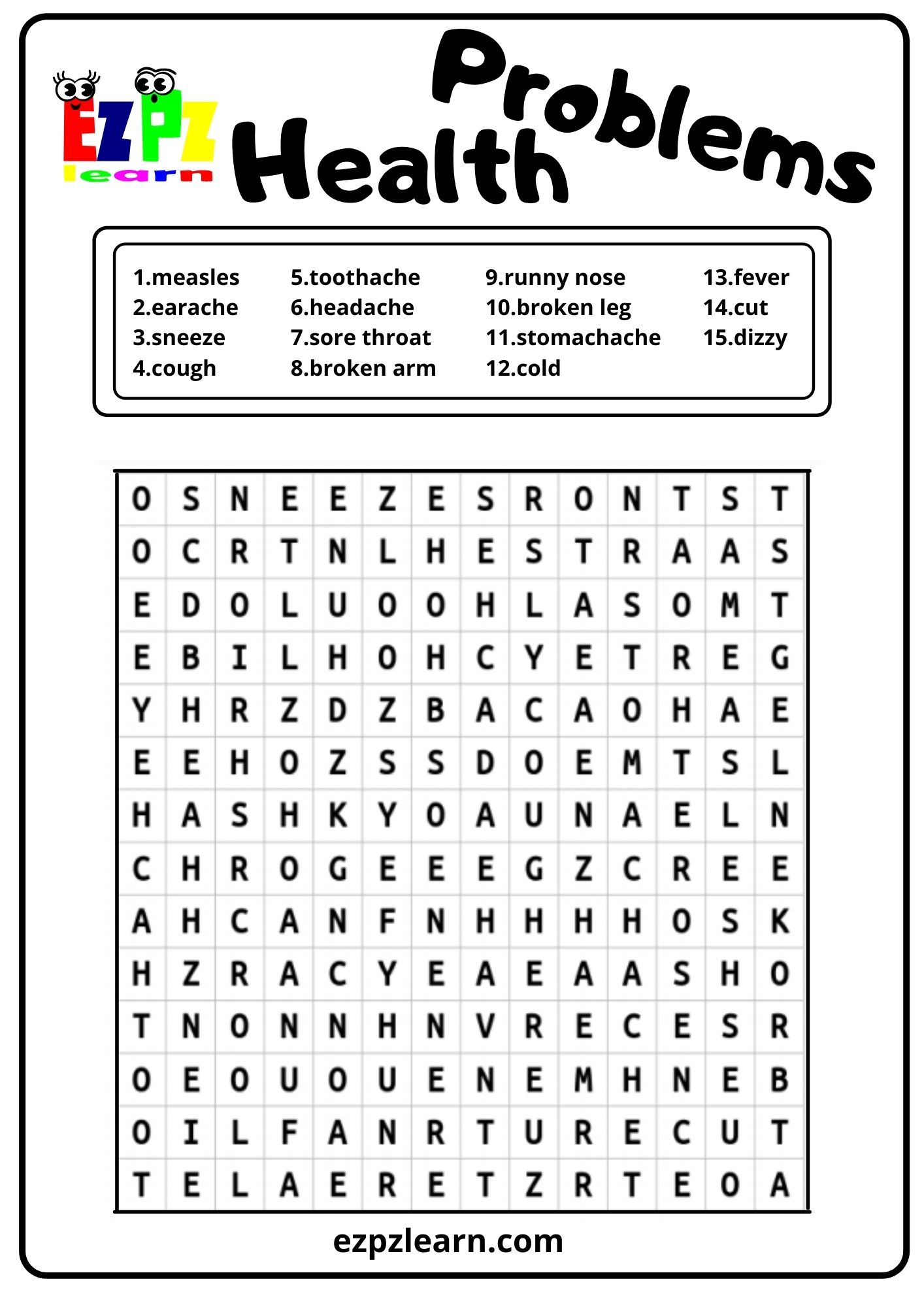 Health Problems Word Search - Ezpzlearn.com Health Problems Word Search - Ezpzlearn.com